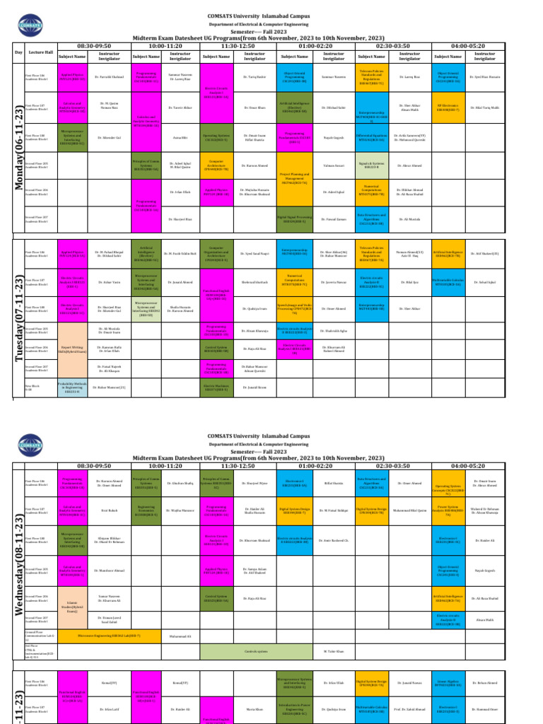 Midterm Exams Date Sheet-Fall23 (ECE) | PDF