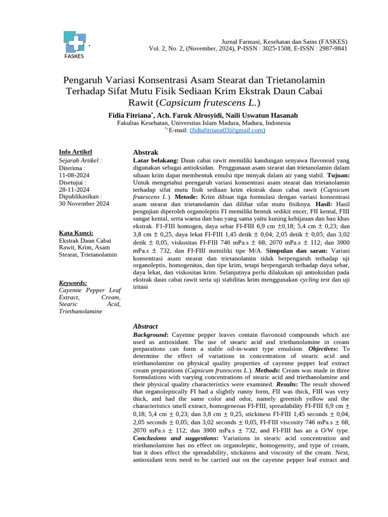 Pengaruh Variasi Konsentrasi Asam Stearat Dan Trietanolamin Terhadap Sifat Mutu Fisik Sediaan ...