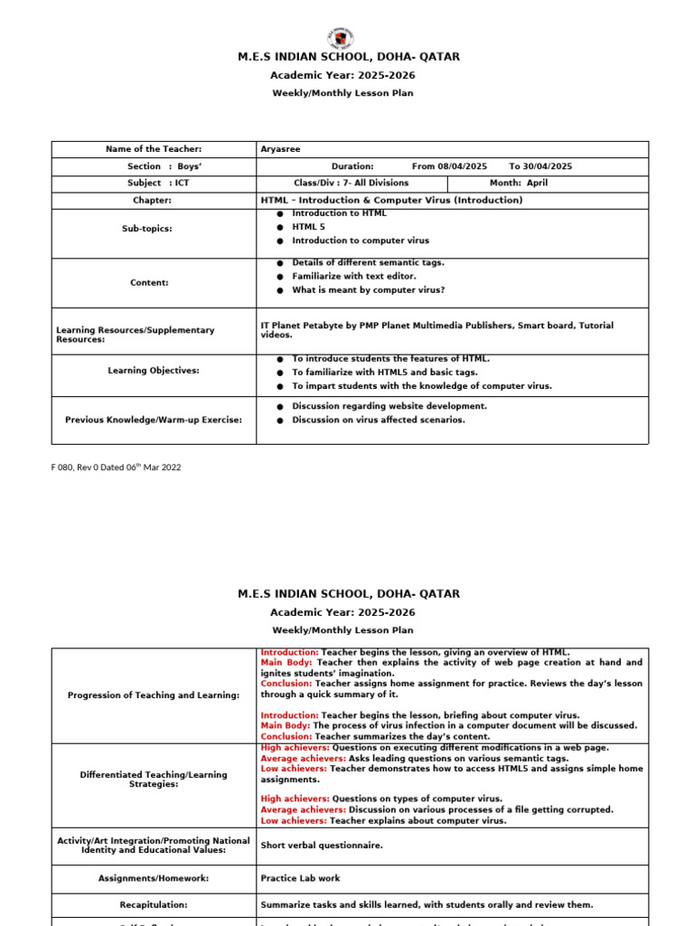 Class 7 Ict Lesson Plan (1) | PDF | Html | Lesson Plan