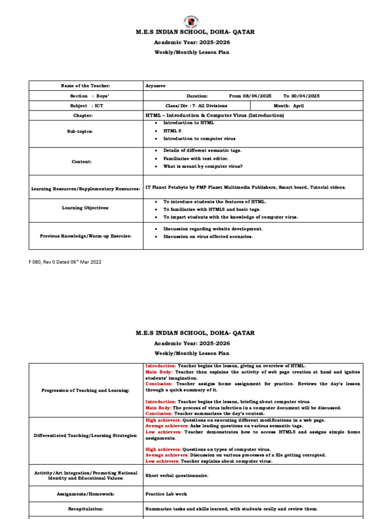 Class 7 Ict Lesson Plan | PDF | Html | Teachers