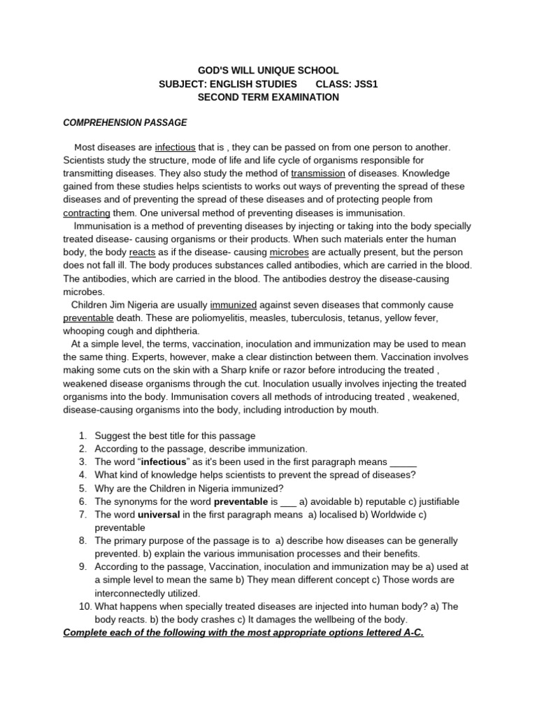 Jss 1 English Exam (2nd Term) | PDF | Vaccination | Public Health
