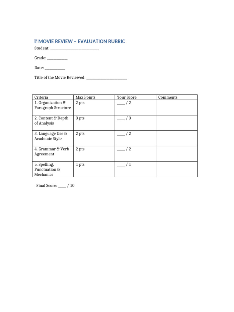 Movie Review Rubric | PDF