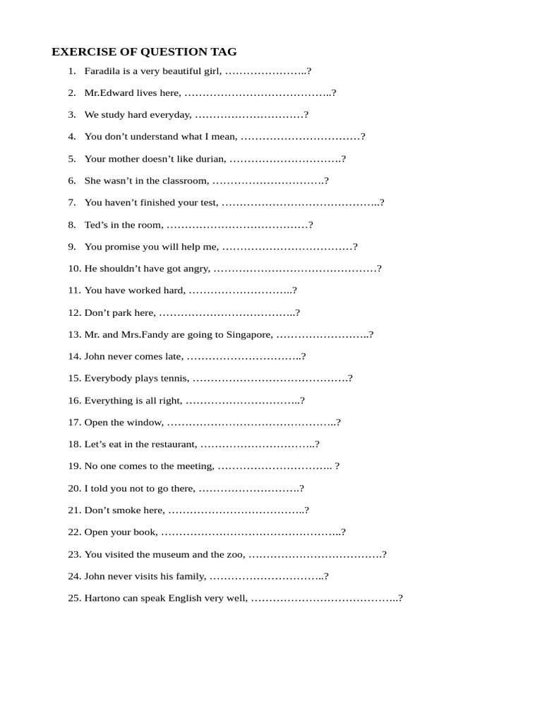 Question Tags Exercise Worksheet | PDF