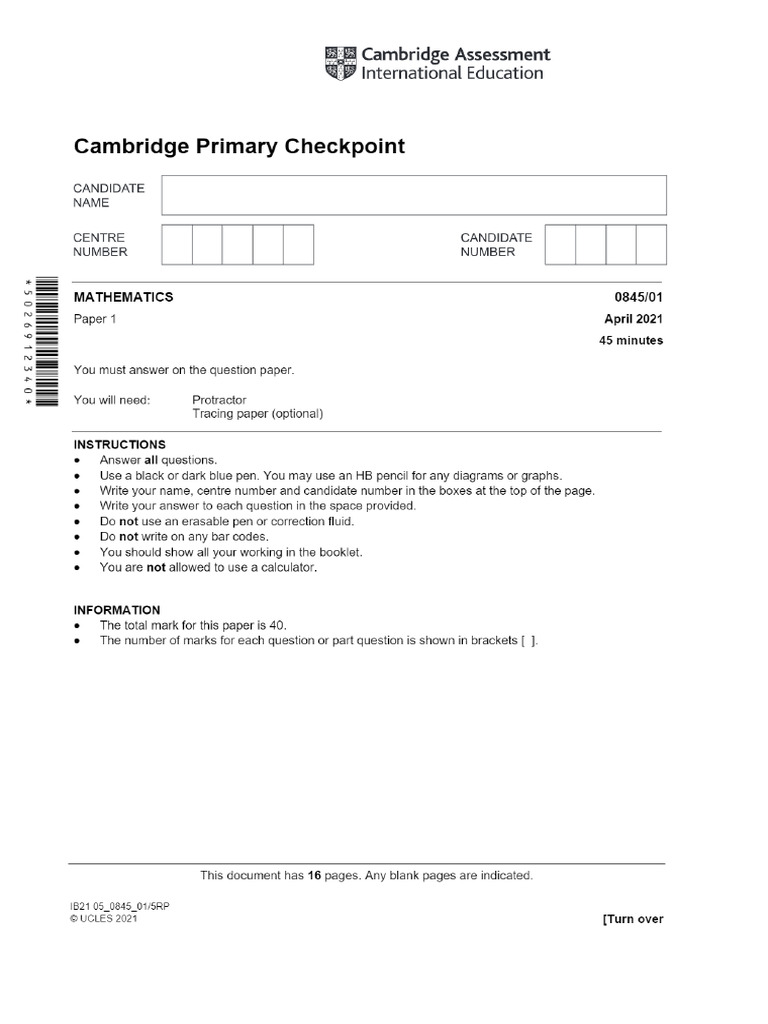 Cambridge Primary Checkpoint - Mathematics (0845) April 2021 Paper 1 ...