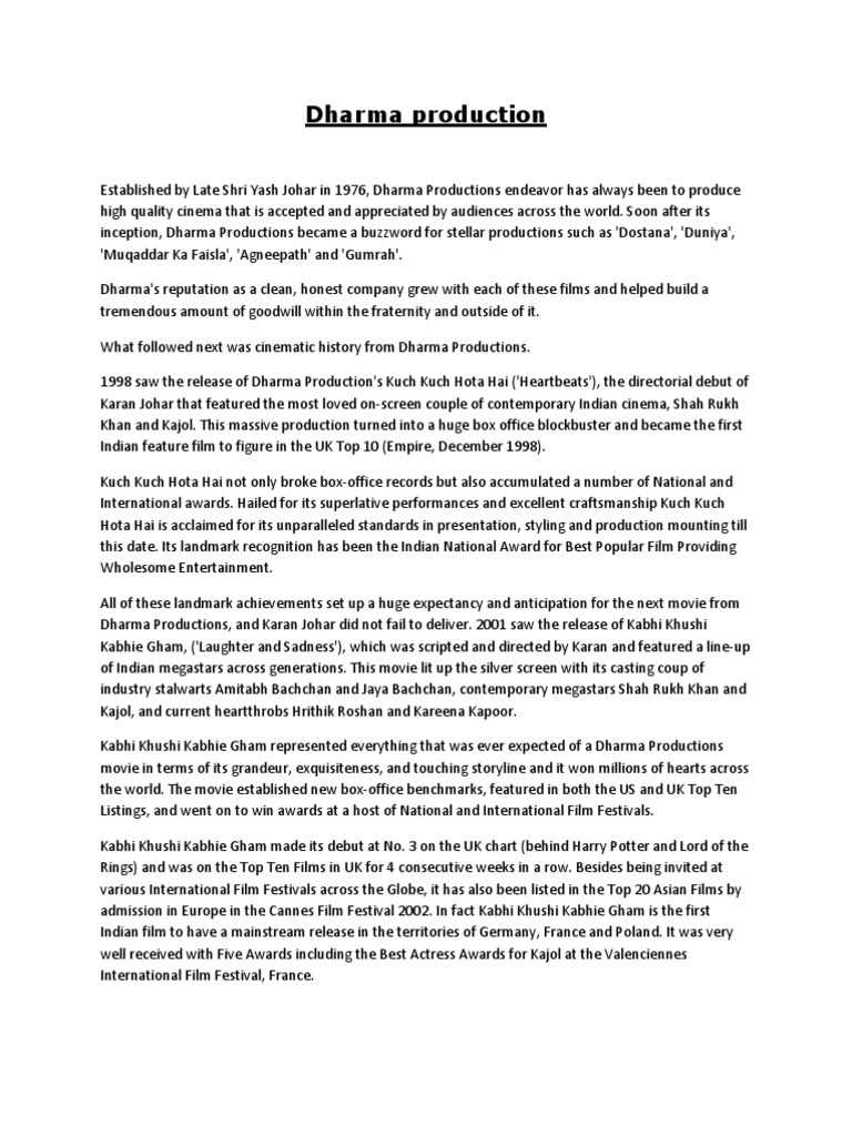 History of Dharma Productions Films | PDF | Cinema Of India | Bollywood