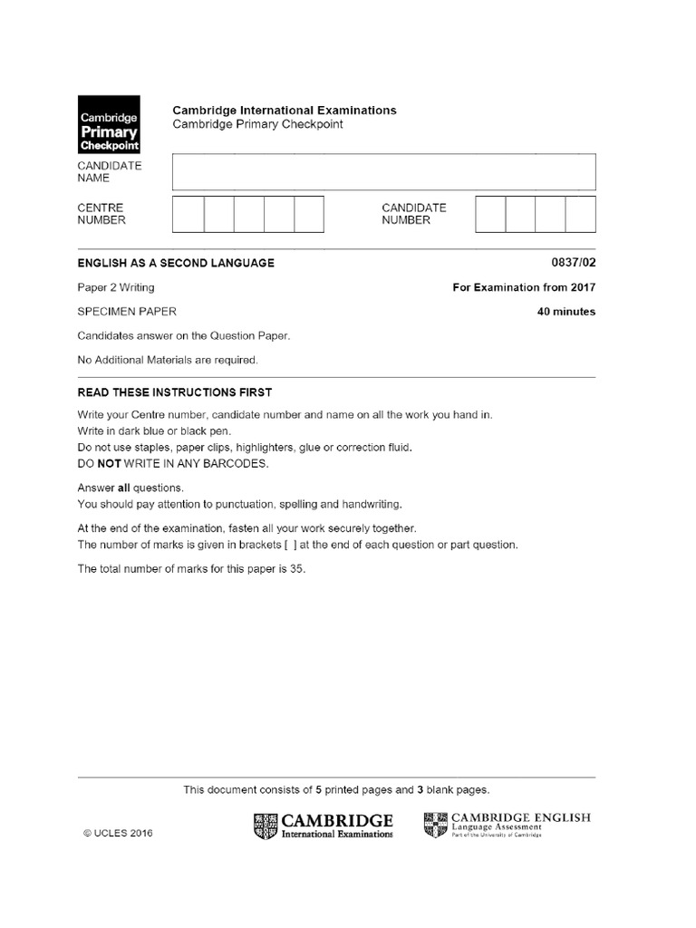 Cambridge Primary Checkpoint English As A Second Language Specimen ...