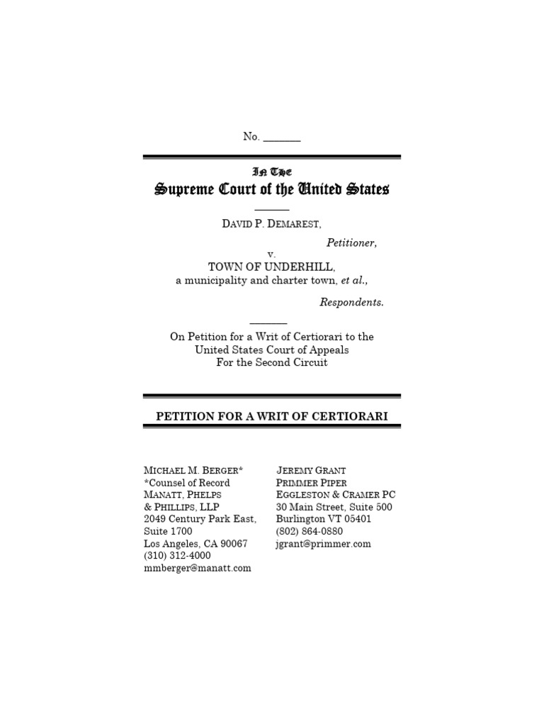 Petition For A Writ of Certiorari, Demarest v. Town of Underhill, No. - (U.S. Apr. 14, 2025 ...