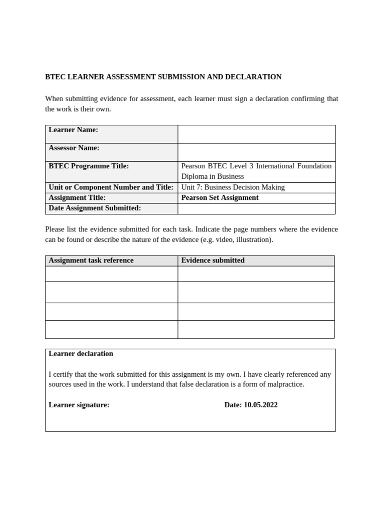 Btec Learner Assessment Submission And Declaration Pdf