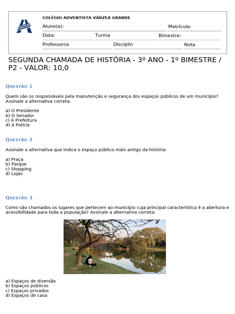 Prova P2 História 3ºano - 2 Chamada | PDF
