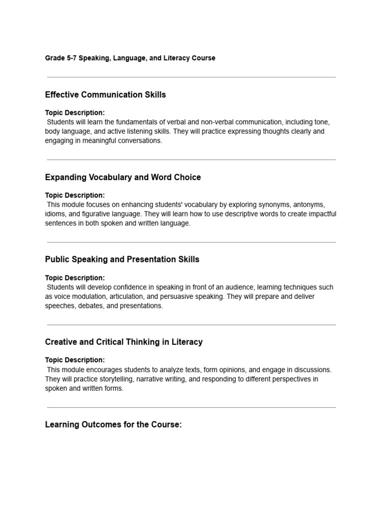 Grade 5 - 7 Speaking, Language and Literacy Course | PDF