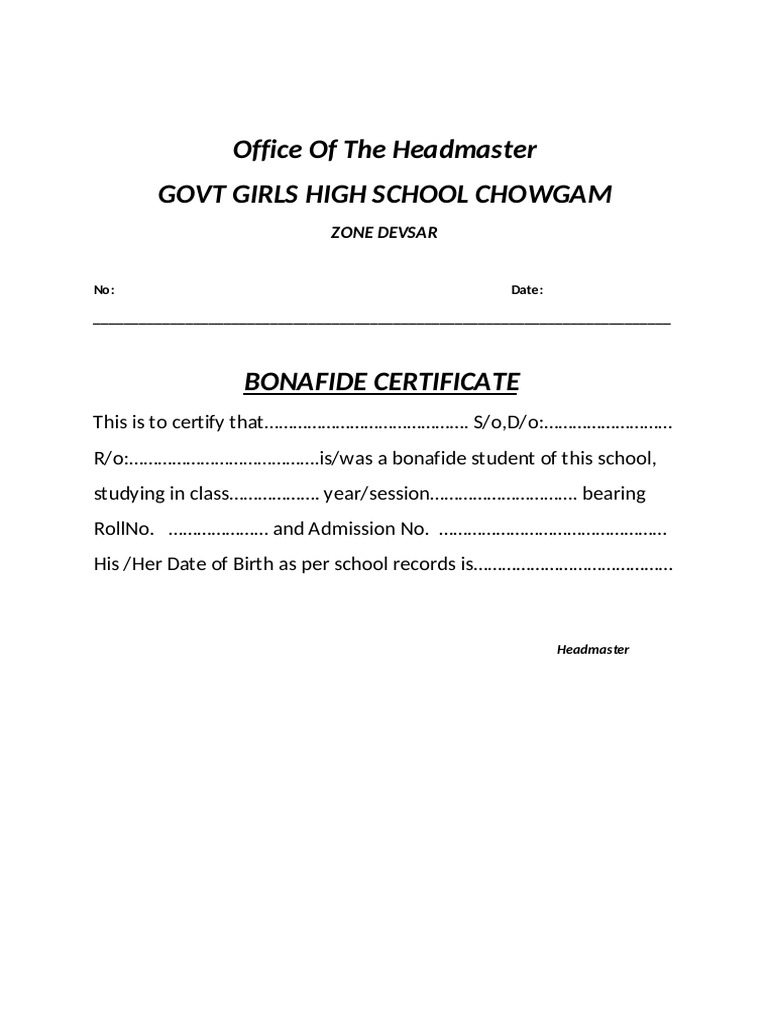 Bonafide Certificate Template for Students | PDF