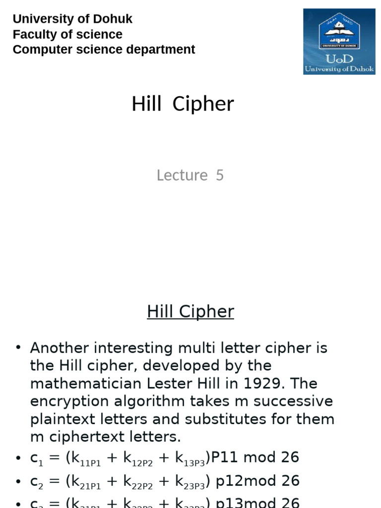 Lecture 5 Hill Cipher | PDF | Cipher | Cyberwarfare