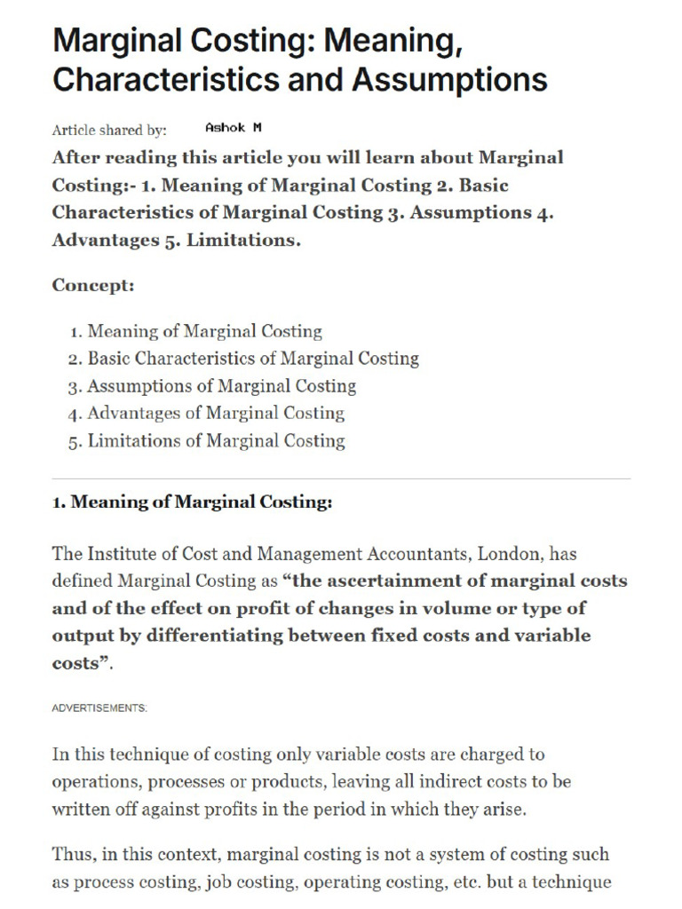 Marginal Costing Meaning Assumptions Advantage Disadvan | PDF