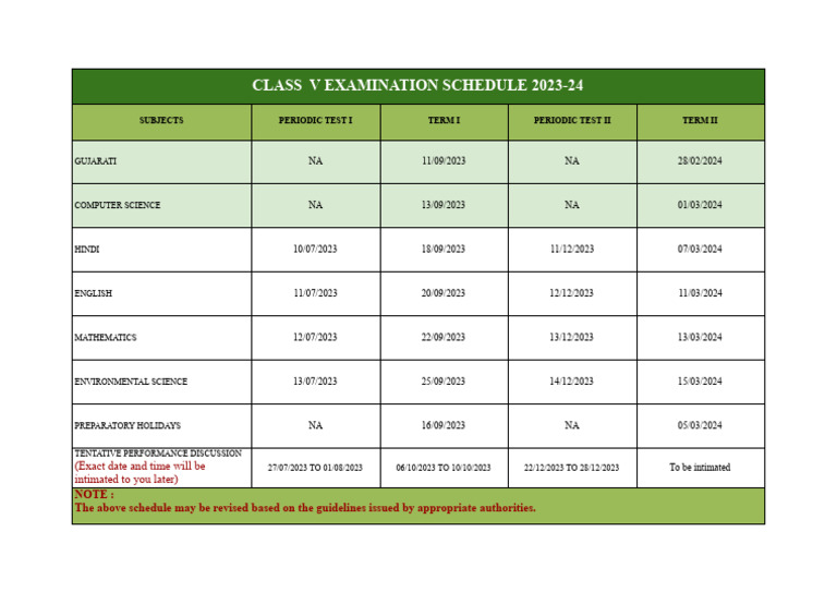 Class V Exam Schedule 2023-24 | PDF