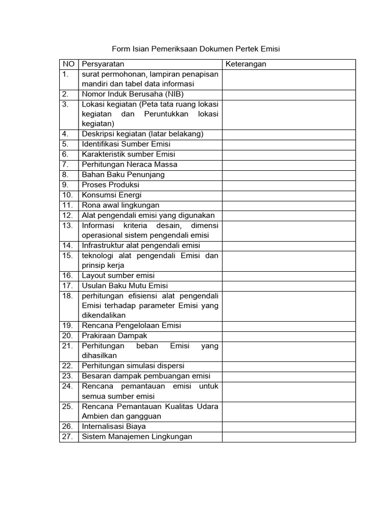 Form Isian Pemeriksaan Dokumen Pertek Emisi | PDF