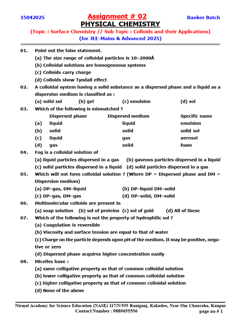 Assignment 02 Surface Chemistry (Colloidal) | PDF | Colloid | Electrophoresis