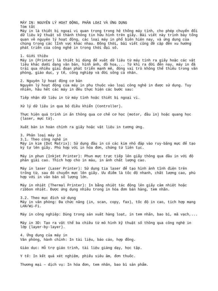 Máy in Nguyên Lý Ho T Đ NG, Phân Lo I Và NG D NG | PDF