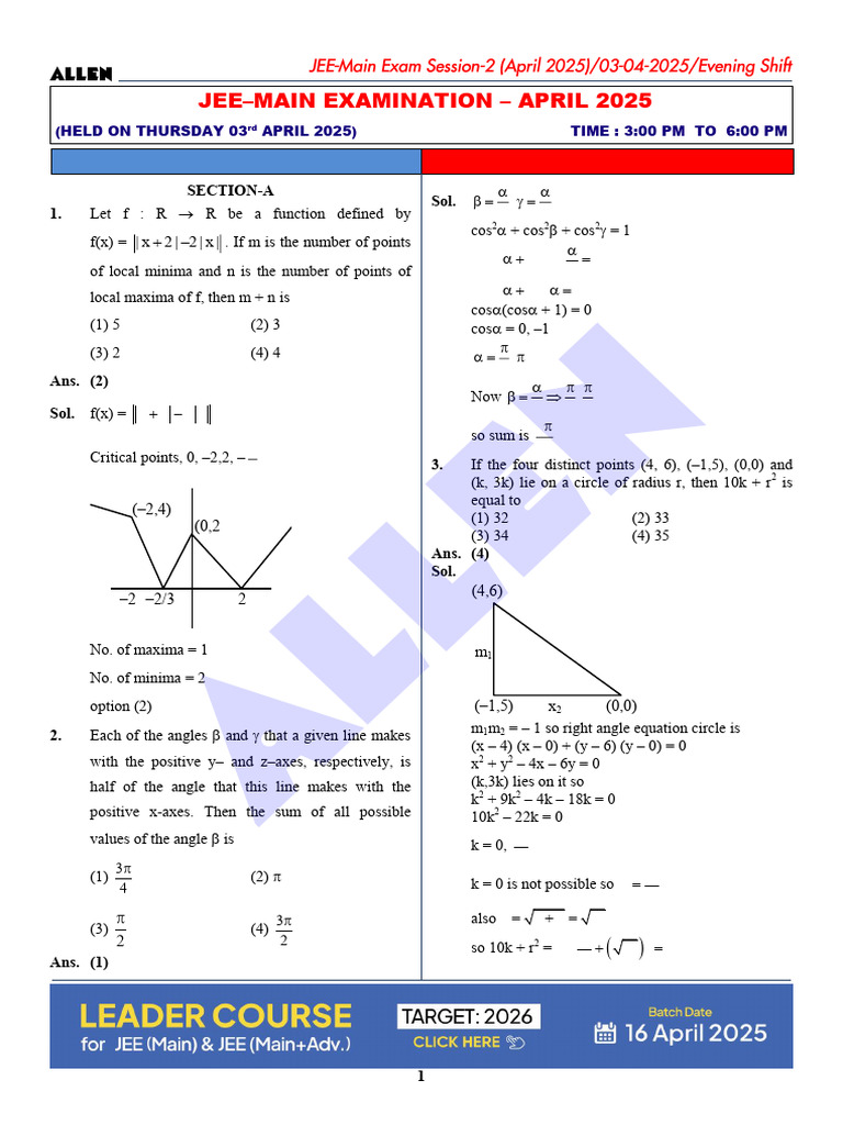 3 April 2025 Evening Session Mathematics | PDF | Elementary Geometry ...
