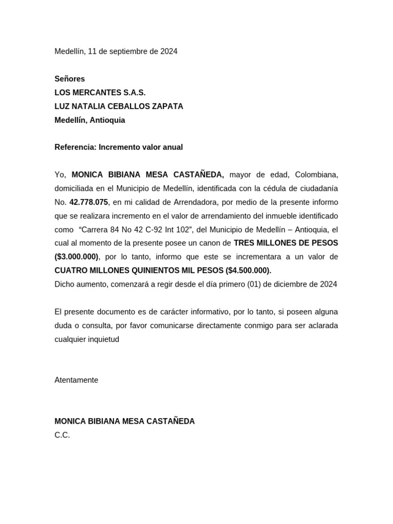Carta Incremento | PDF