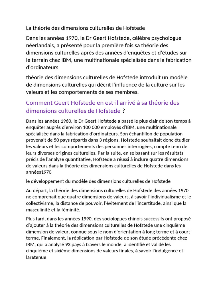 Dimensions culturelles de Hofstede | PDF | Sciences comportementales ...
