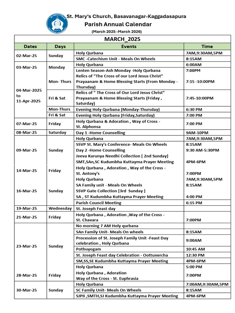 Parish Annual Calendar 2025-2026 | PDF | Eucharist | Easter