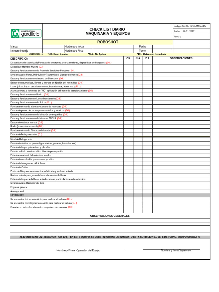 SGIG R 218 MAN 005 Check List Roboshot | PDF | Vehículos | Vehículo de motor
