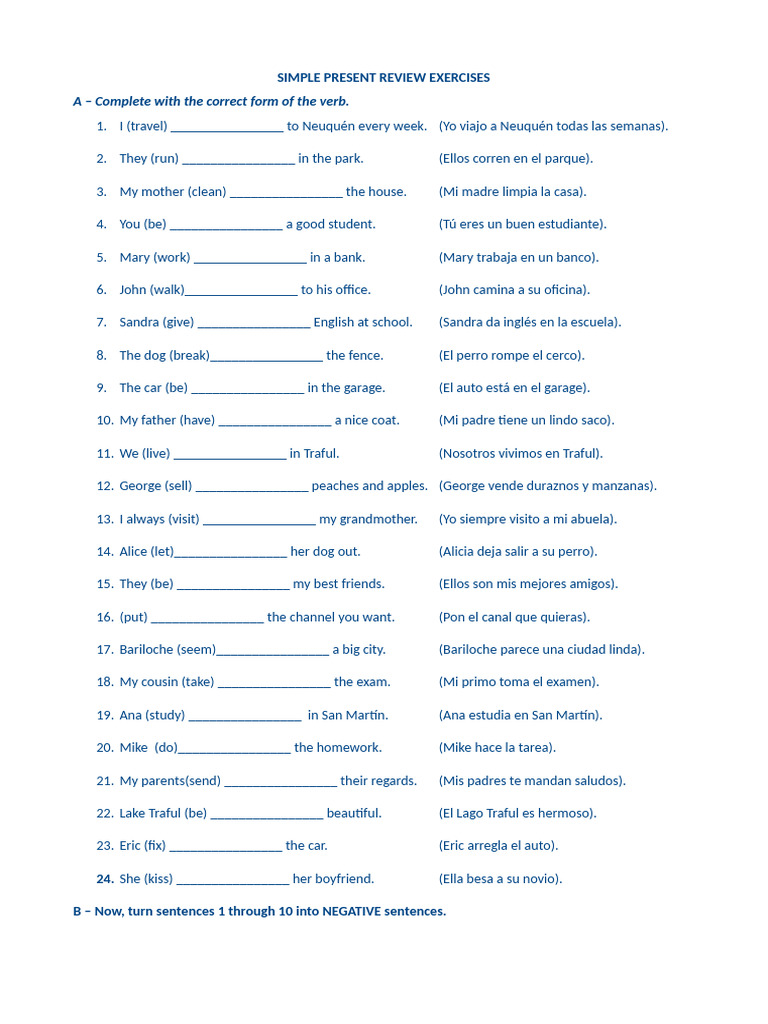 TP 2do Año Parte 1 - Simple Present Review Exercises | PDF