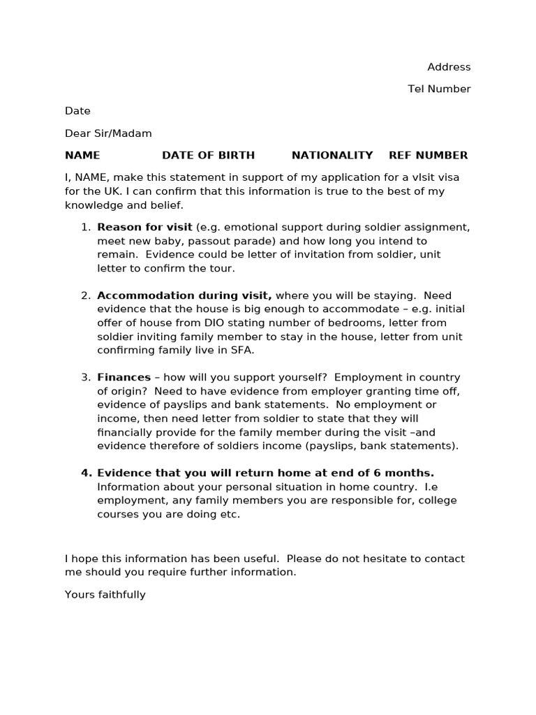 Visit Visa Supporting Statement Template | PDF