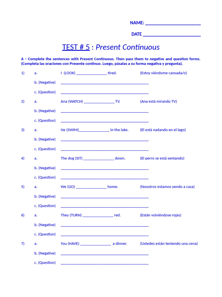 Present Continuous Test for Kids | PDF