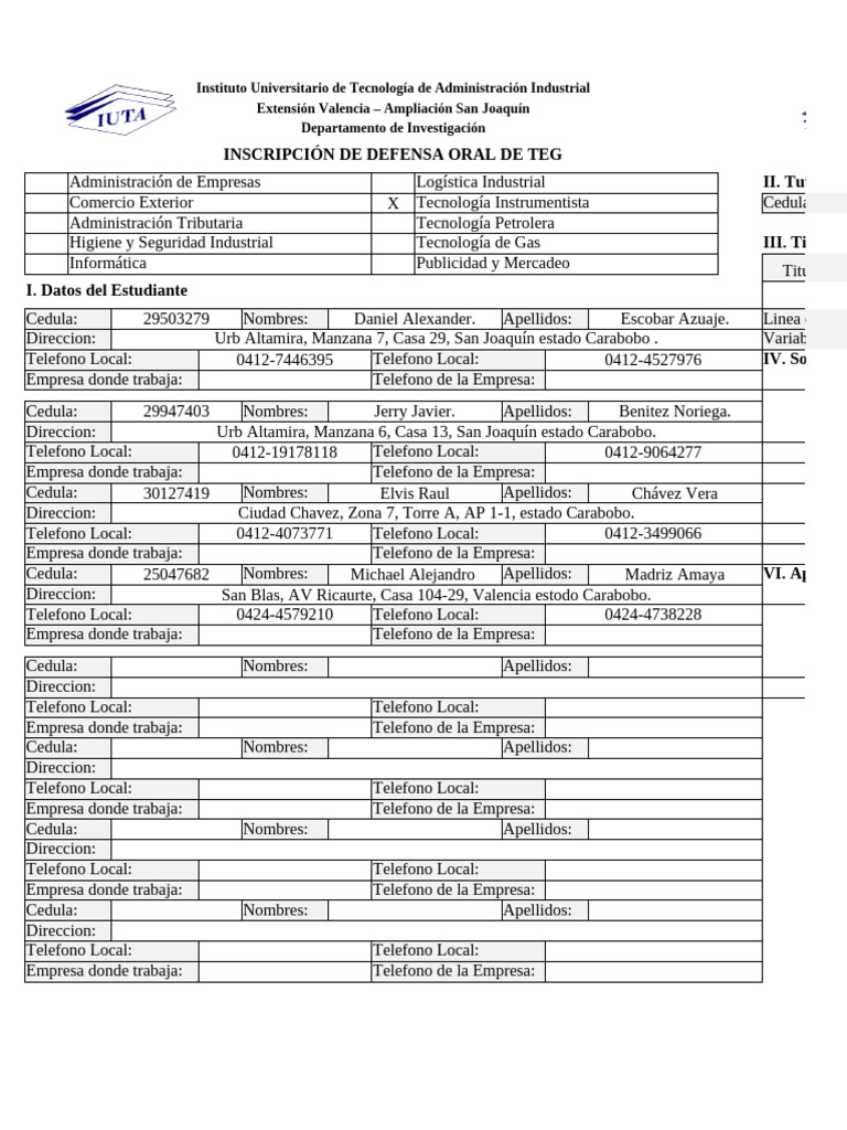 1.0 Inscripcion de Defensa Oral de Teg | PDF | Negocios económicos | Business
