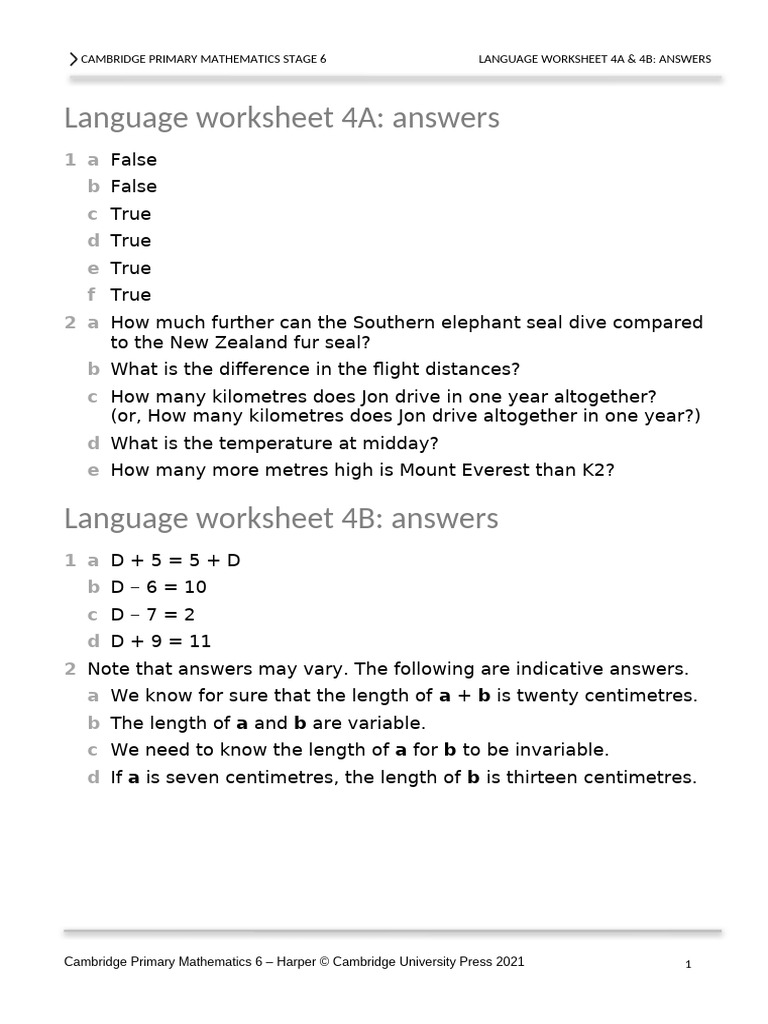 Prim Maths 6 2ed TR Lang Ws Answers 4 | PDF