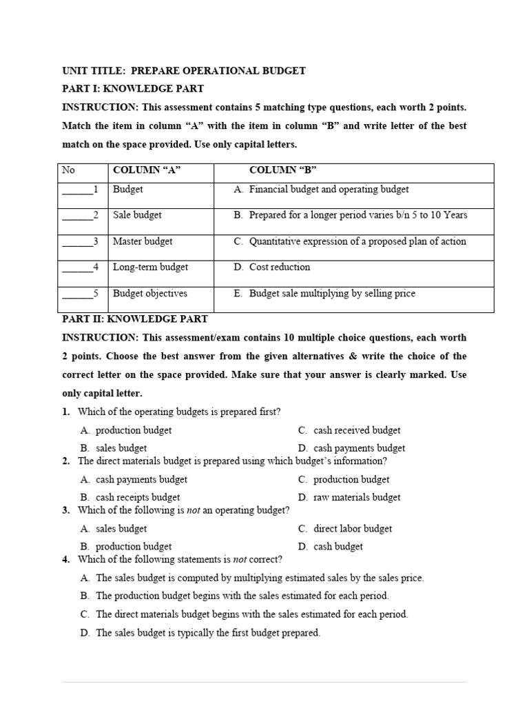 Operational Budget Preparation Guide | PDF | Budget | Inventory