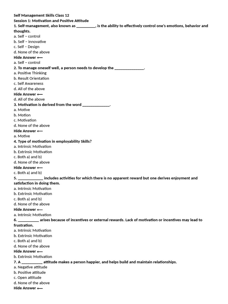 UNIT 2 - Self Management Skills | PDF | Motivational | Motivation
