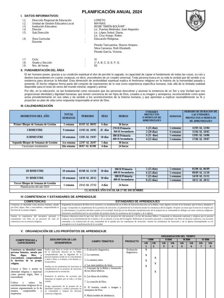 Programación Anual Religion 1ro - 2024 | PDF | Salvación | Fe