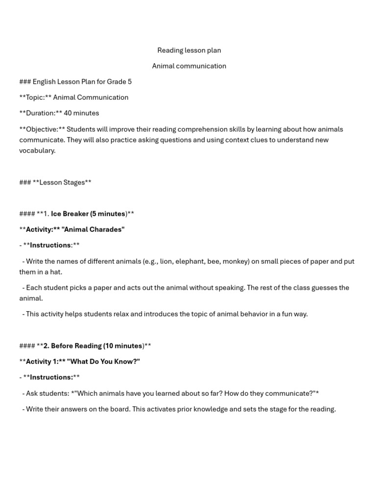 Grade 5 Animal Communication Lesson Plan | PDF | Learning | Lesson Plan