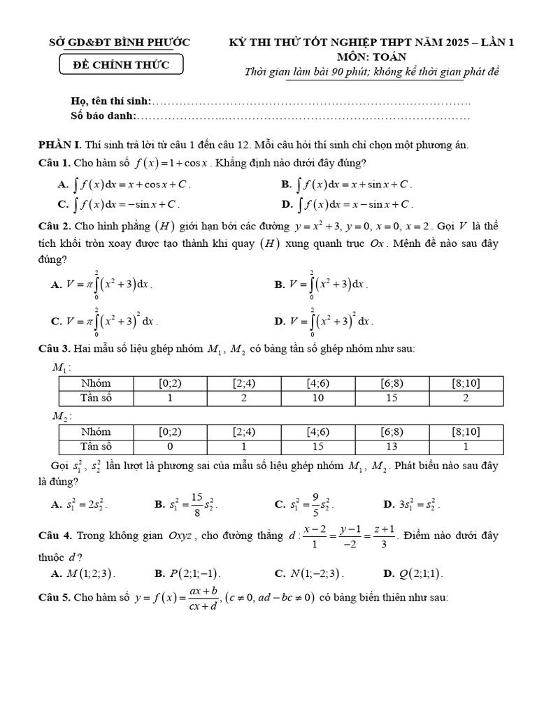 De Thi Thu Tot Nghiep THPT 2025 Mon Toan Lan 1 So GDDT Binh Phuoc | PDF