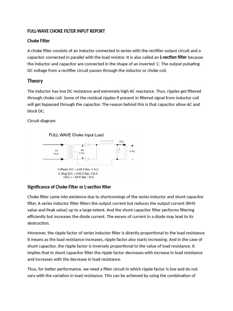 Full Wave Choke Filter Input Report | PDF | Inductor | Rectifier