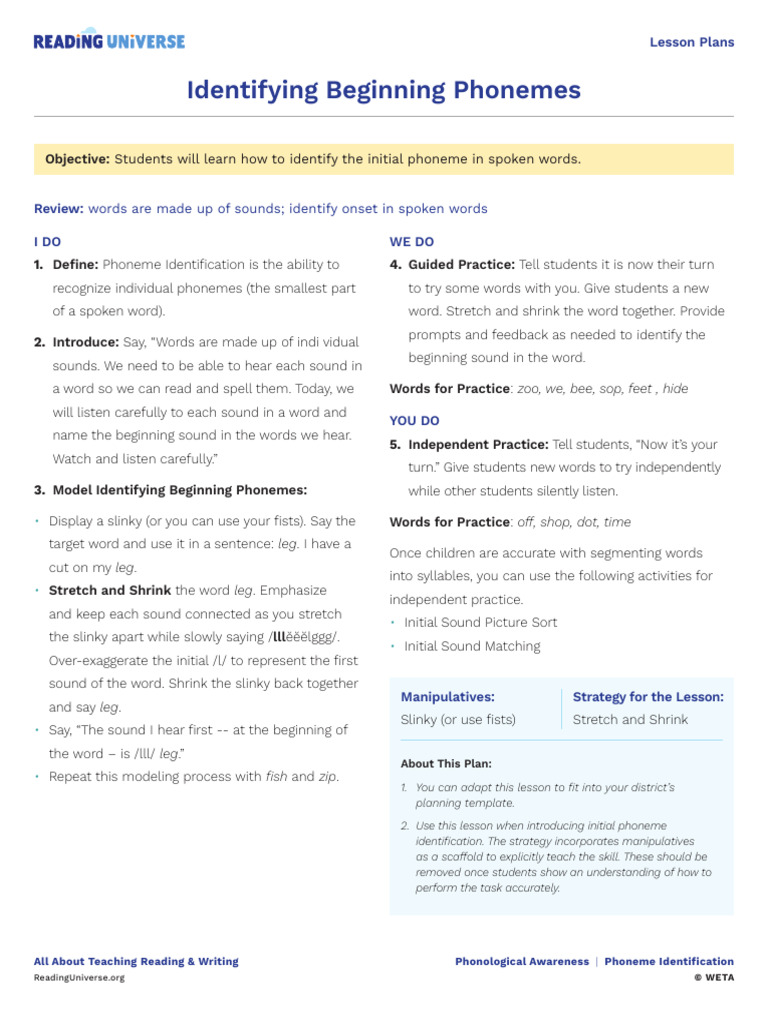 Identifying Beginning Phonemes Lesson Plan Reading Universe - 2023 05 ...