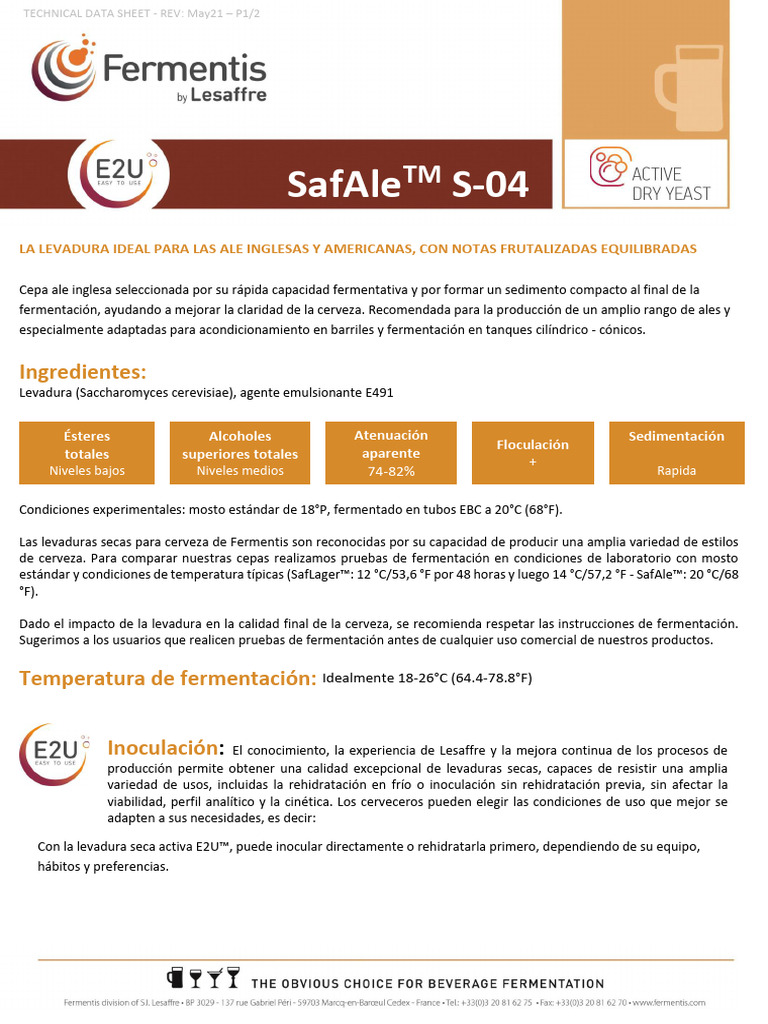 SafAle S-04 TDS - Technical Data Sheet | PDF | Fermentación | Cerveza