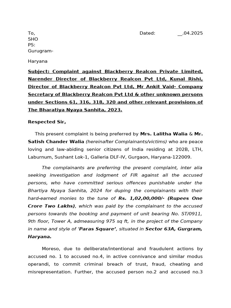 Complaint Against Blackberry Realcon Fraud | PDF | Forgery | English ...