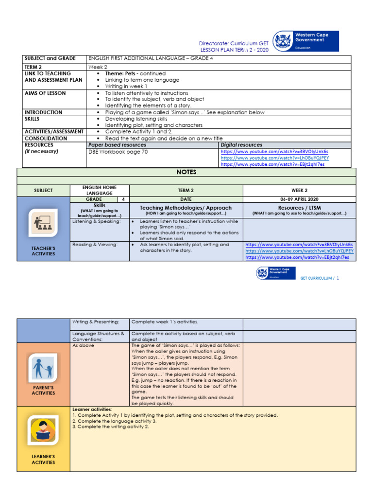 Grade 4 English Lesson Plan Term 2 | PDF | Lesson Plan | Subject (Grammar)