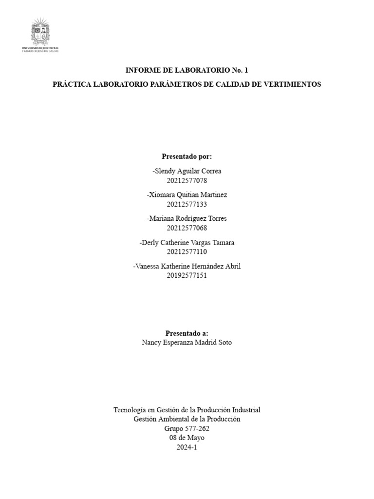 Informe Práctica Laboratorio Parámetros Calidad de Vertimientos | PDF | Agua | Oxígeno