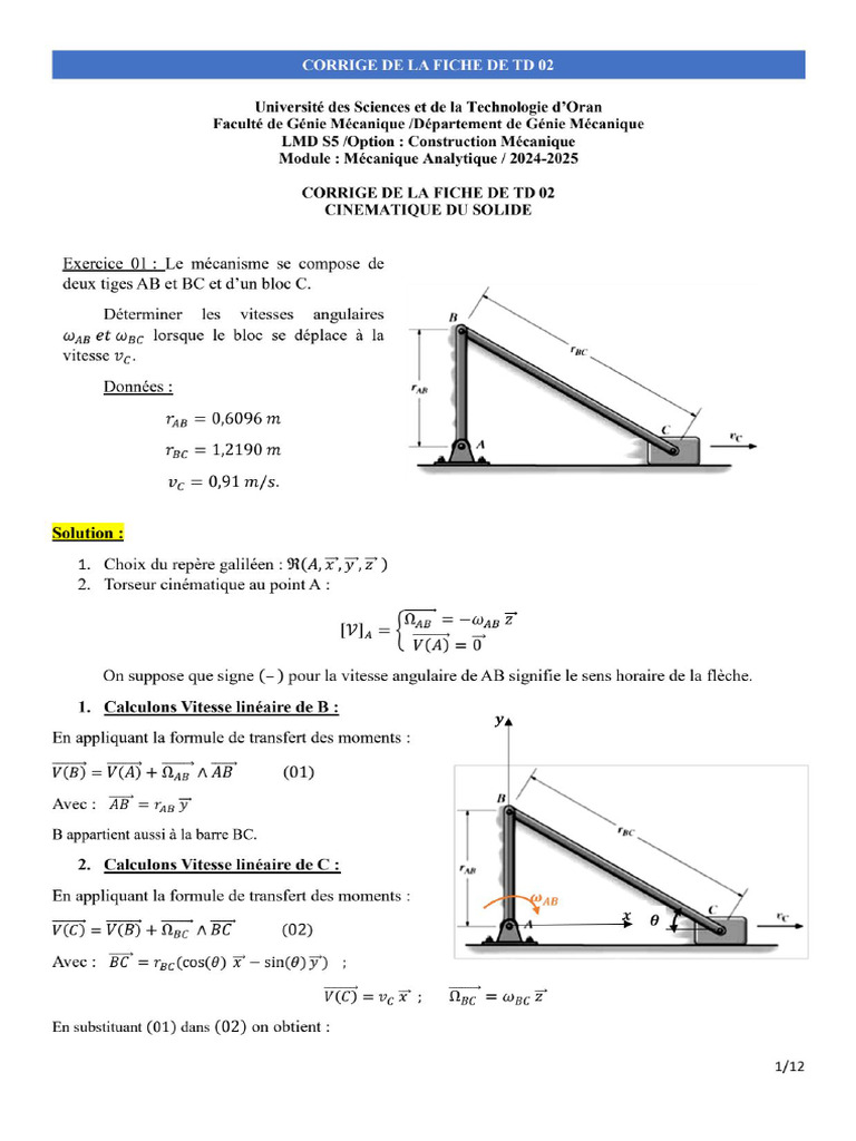 Corrigé de La Fiche de TD 02 2024 2025 Cinematique Du Solide LMD s51 | PDF