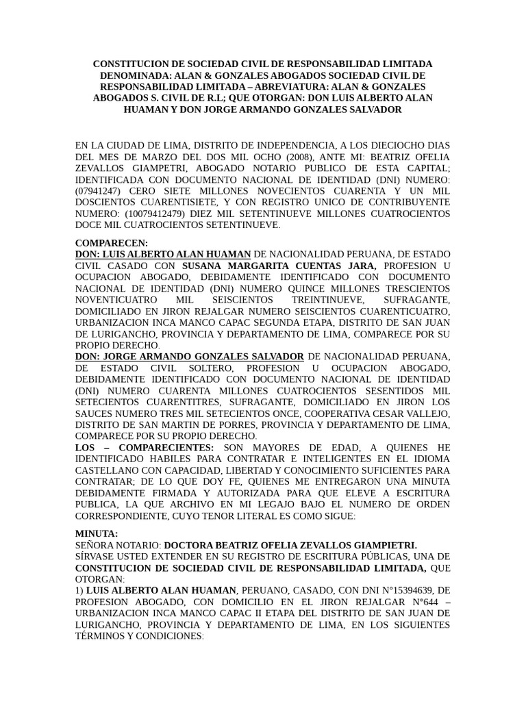 Constitucion de Sociedad Civil de Responsabilidad Limitada | PDF ...