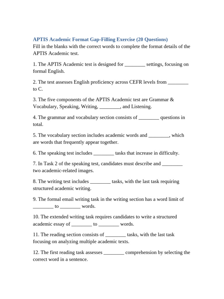 APTIS Academic Gap Fill Exercise 20 Questions | PDF | Reading ...