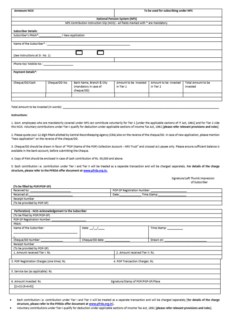 NPS Contribution Instruction Slip Form | PDF | Cheque | Taxes