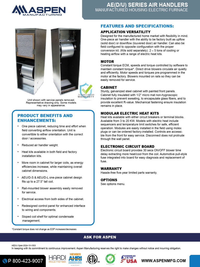 Aspen Mobile Home Air Handler Data Sheet | PDF | Electric Motor | Fuse ...