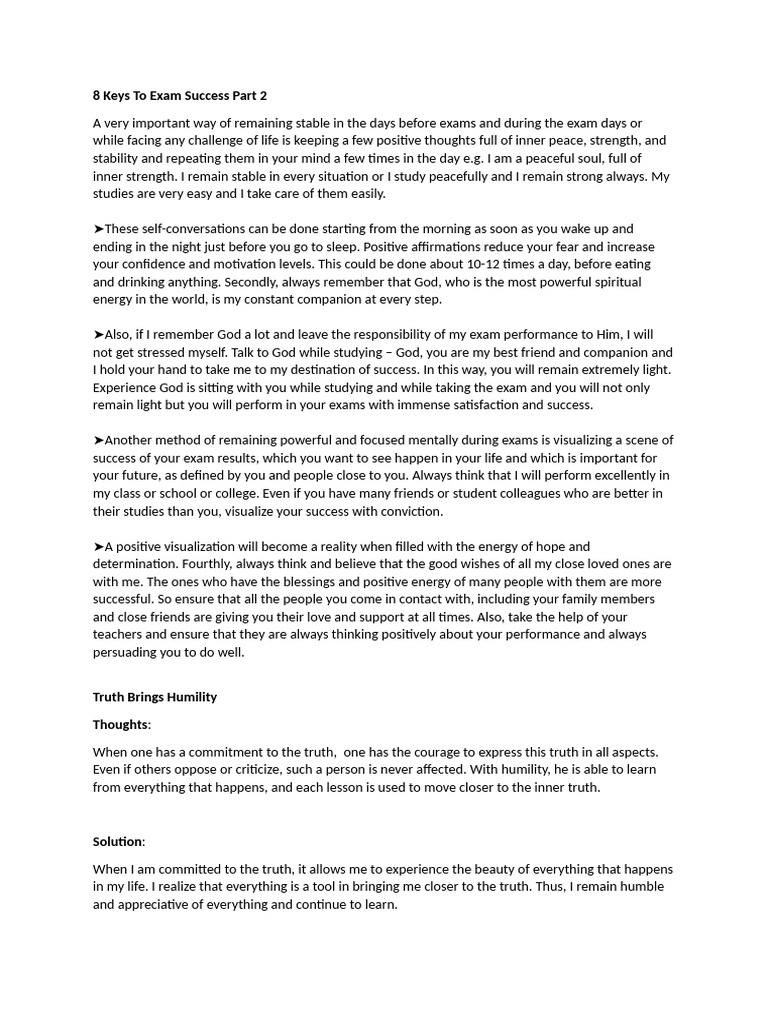 Keys to Exam Success: Positive Mindset | PDF | Humility | Thought