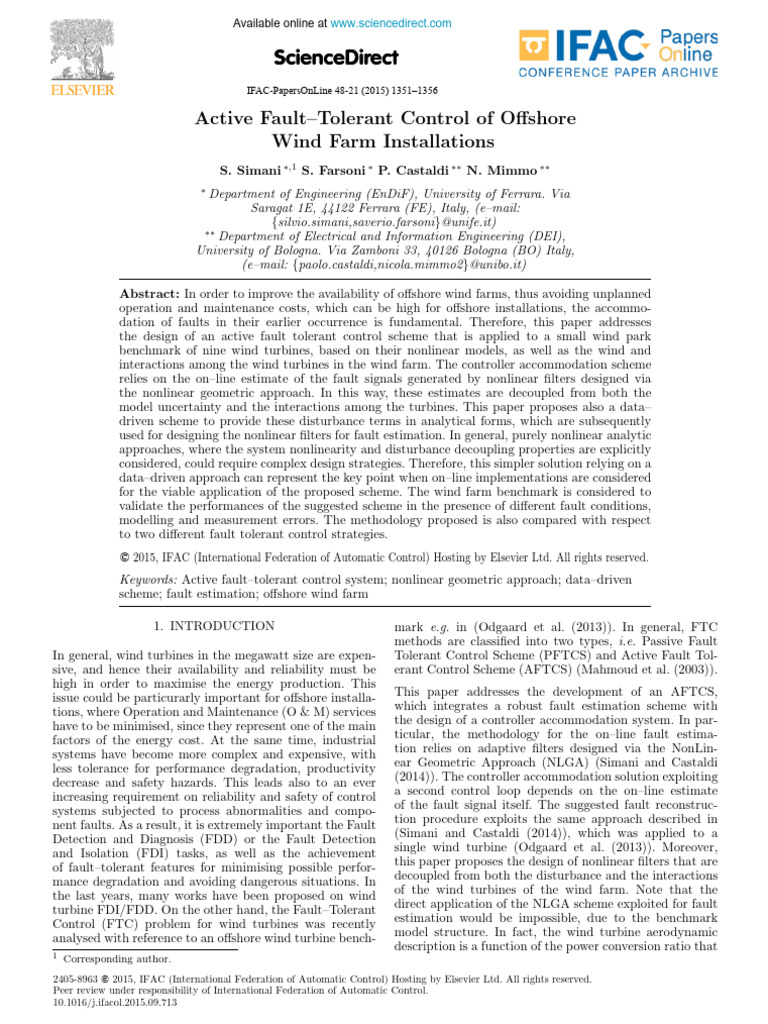 Active Fault-Tolerant Control of Offshore Wind Farm Installations | PDF ...