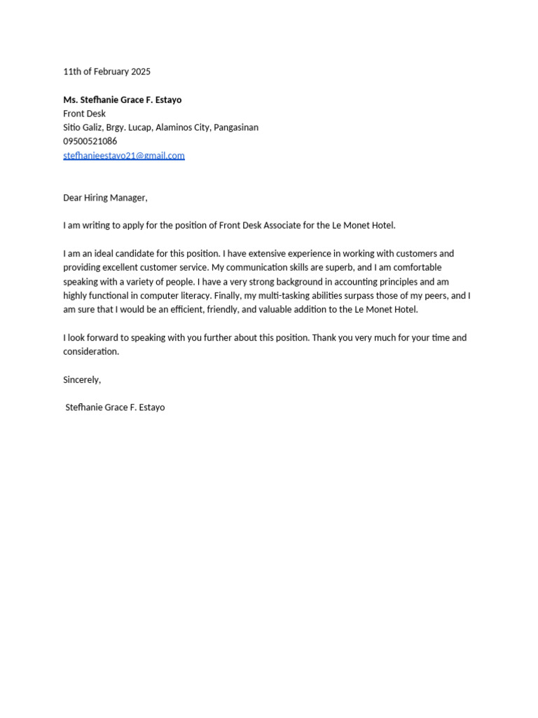 Front Desk Associate Application Letter | PDF